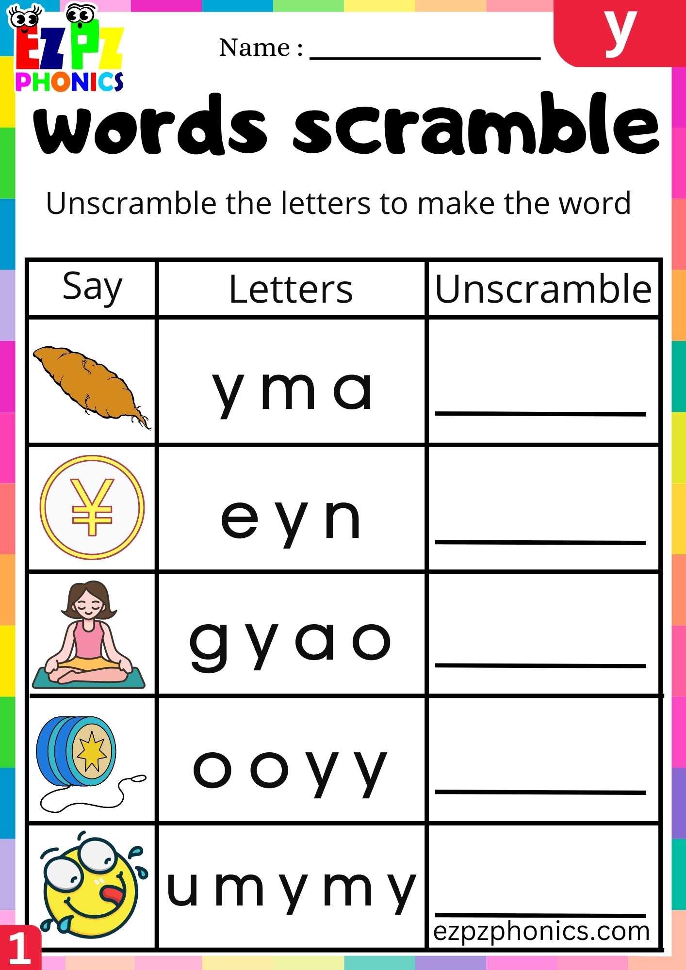 Letter Y Words Scramble Beginning Sounds Worksheet - ezpzphonics.com
